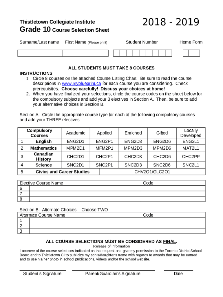 Thistletown Collegiate Institute Grade 10 Course Selection Sheet Doc Template | pdfFiller