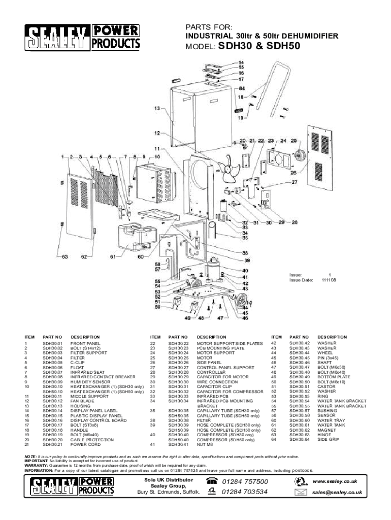 Fillable Online SDH30-and-SDH50-Sealey-Dehumidifier-Parts-Diagram.pdf ...