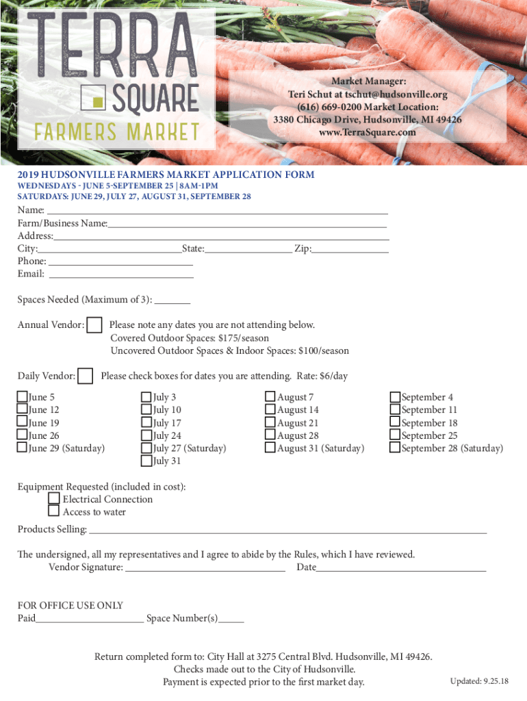 Fillable Online 2019 Hudsonville Farmers Market Application Form Fax ...
