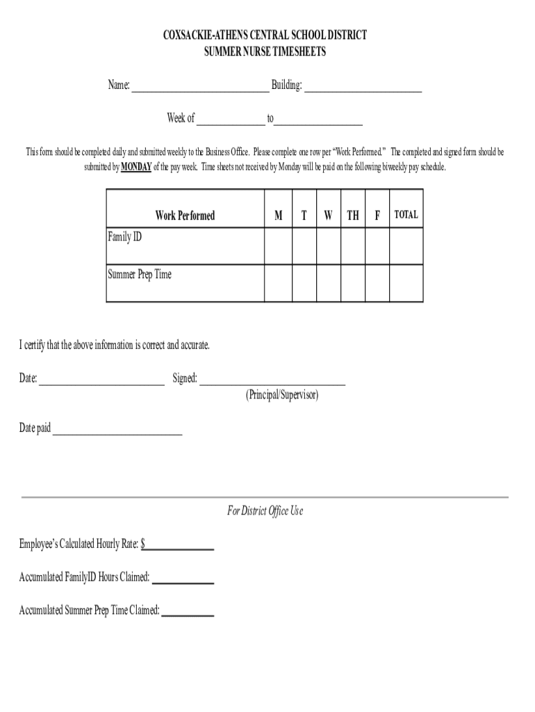 Fillable Online Summer Nurse Timesheet Fax Email Print - pdfFiller