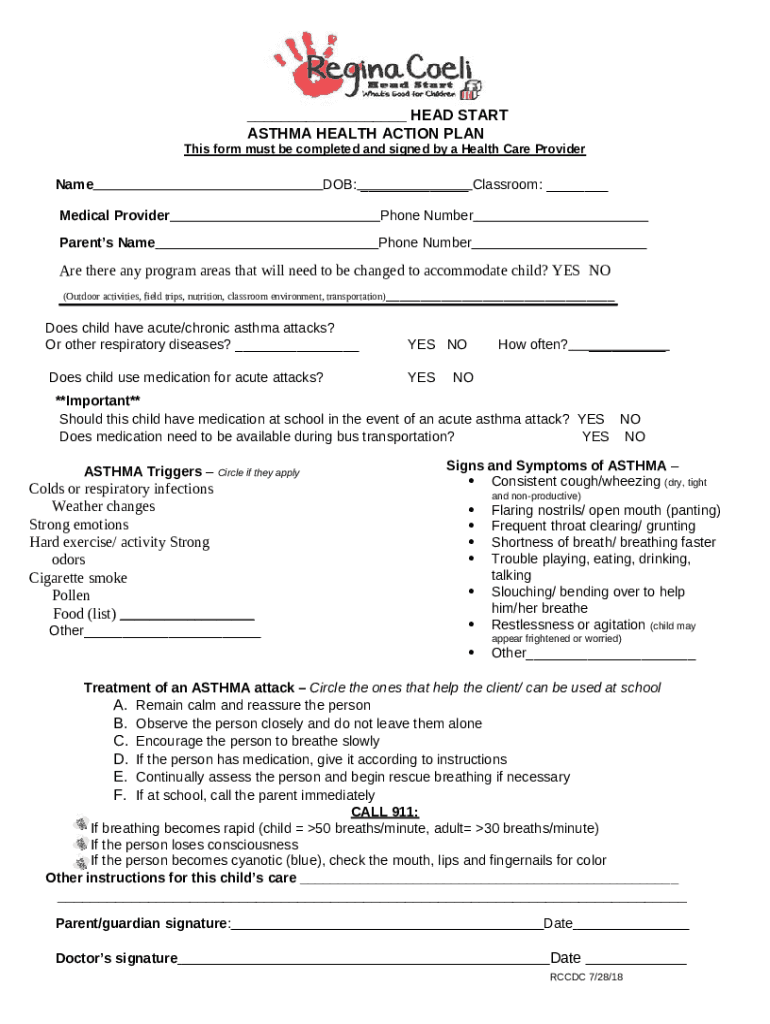 HEAD START ASTHMA HEALTH ACTION PLAN Doc Template | pdfFiller