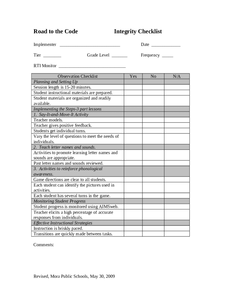 EIR (Early Intervention in Reading) Grade 1- Fidelity Checklist Doc ...