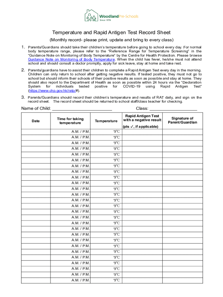 Fillable Online Record Sheet for Body Temperature and Rapid Antigen ...