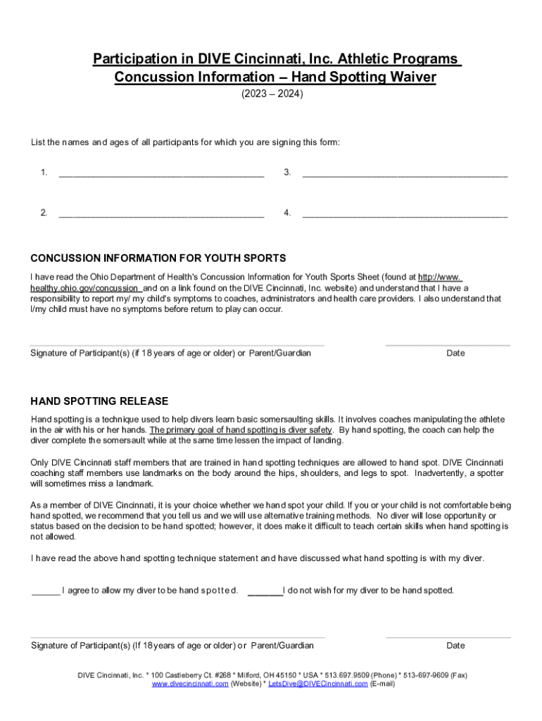 Fillable Online 2023-2024 Dive Cincinnati Concussion Information and ...