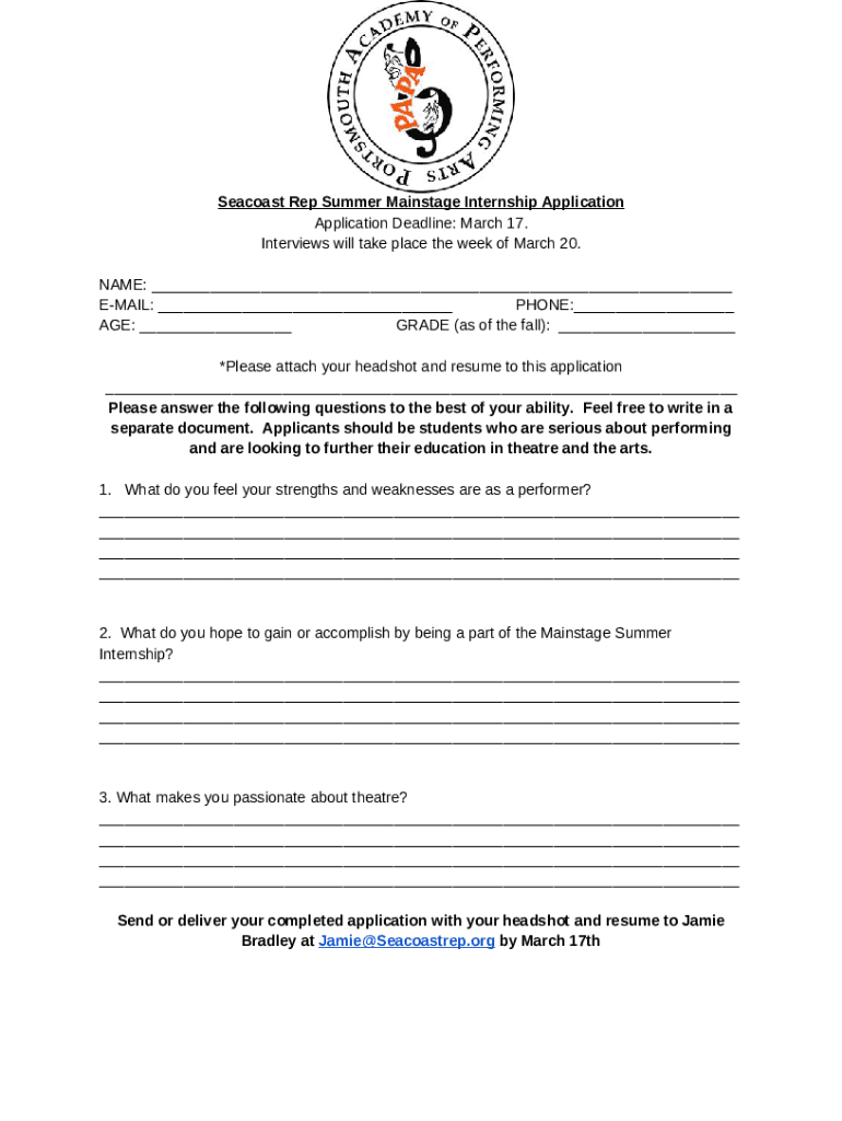 Summer Mainstage Internship Application PDF Doc Template | pdfFiller