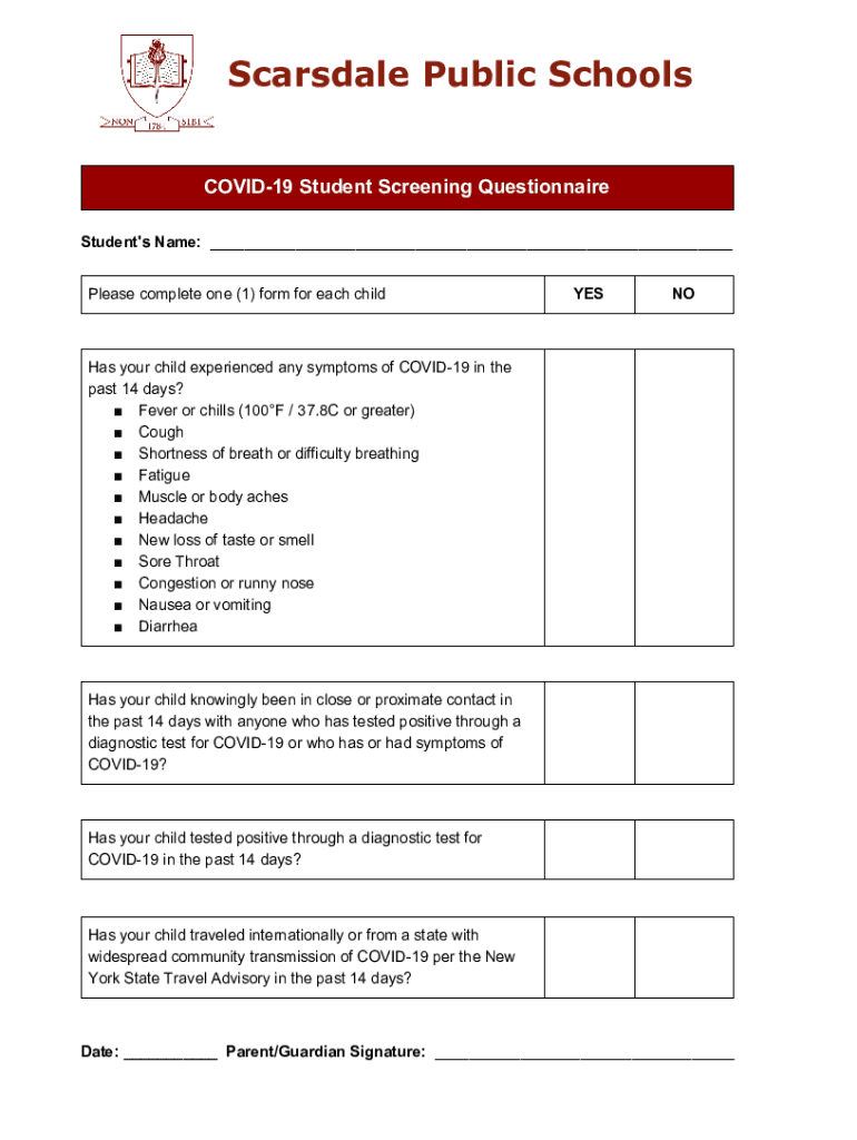 Fillable Online Student Health Screening Entry Form Please assess your ...