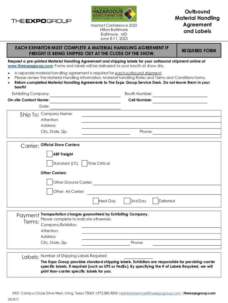 Fillable Online EACH EXHIBITOR MUST COMPLETE A MATERIAL HANDLING ...