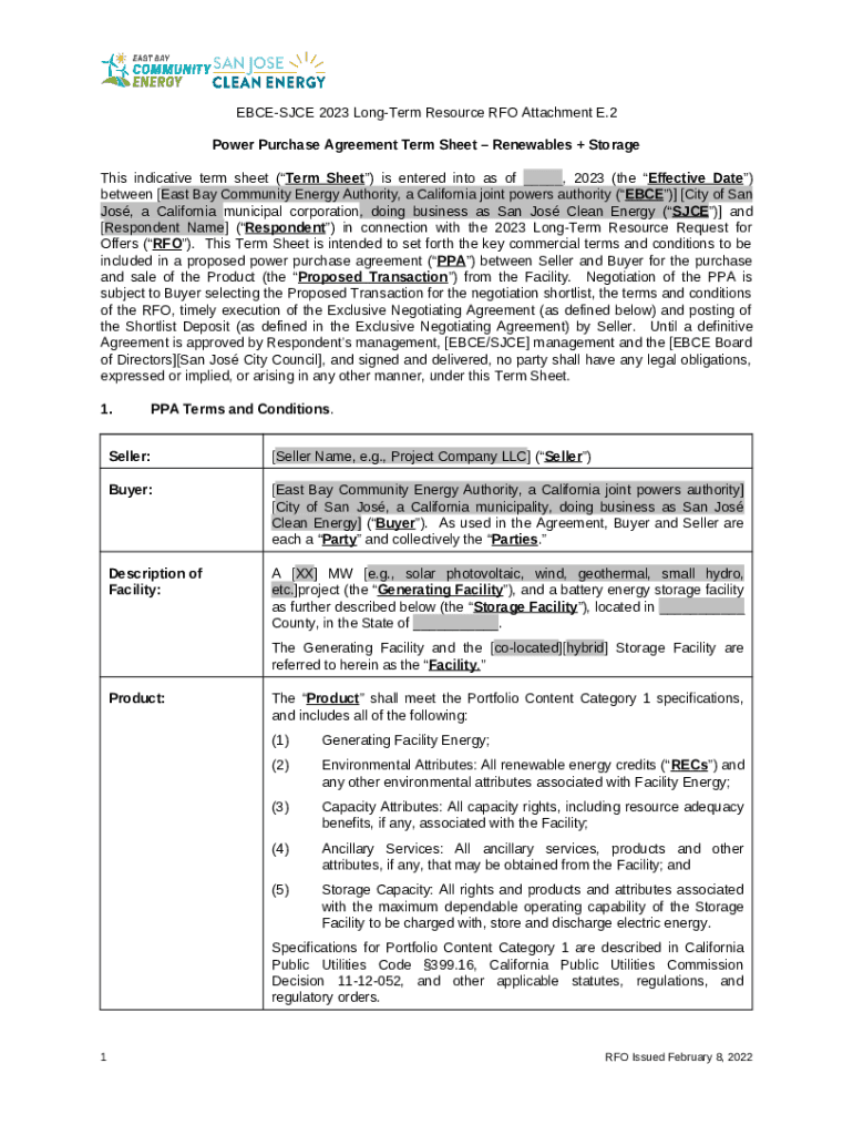 storage facility term sheet (sized between 250 kw and 10 mw) Doc Template | pdfFiller