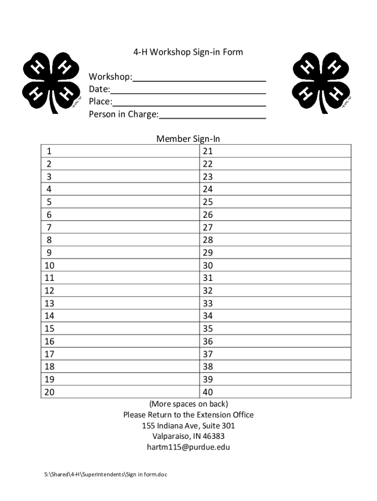 Fillable Online extension purdue 4-H Workshop Sign-in Form Fax Email ...