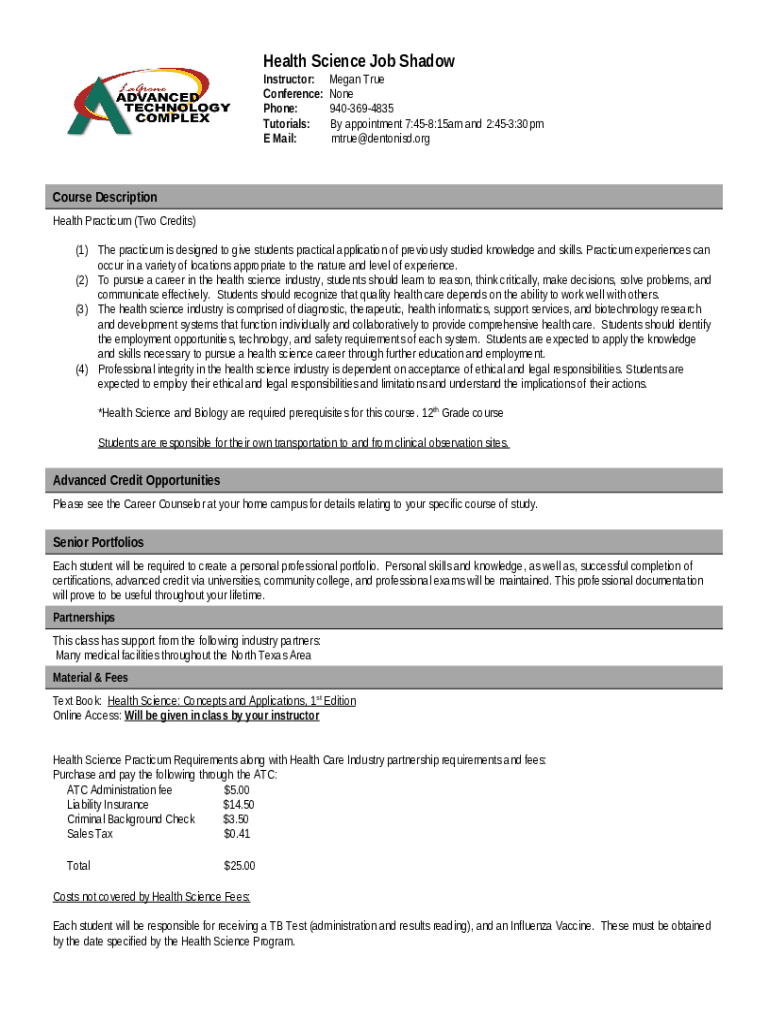 Health Science Job Shadow Doc Template | pdfFiller