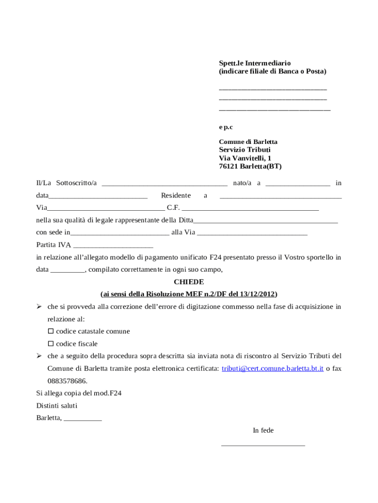 Spett.le Intermediario (indicare filiale di Banca o Posta) Doc Template ...