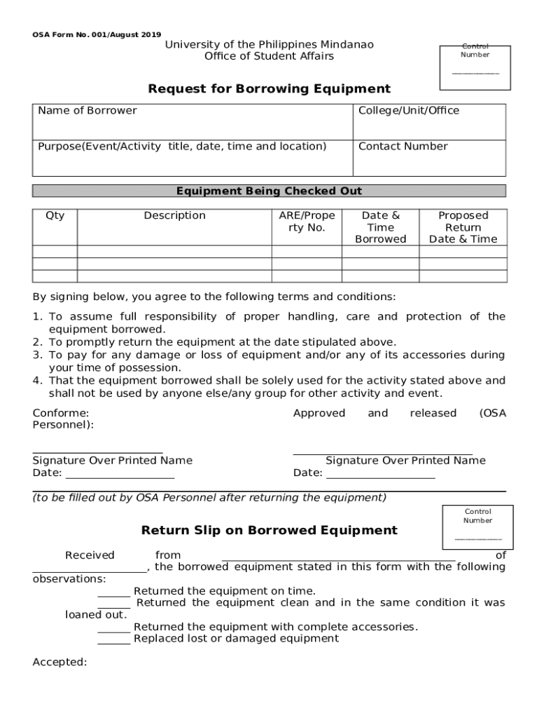 OSA Request for Borrowing Equipment Doc Template | pdfFiller