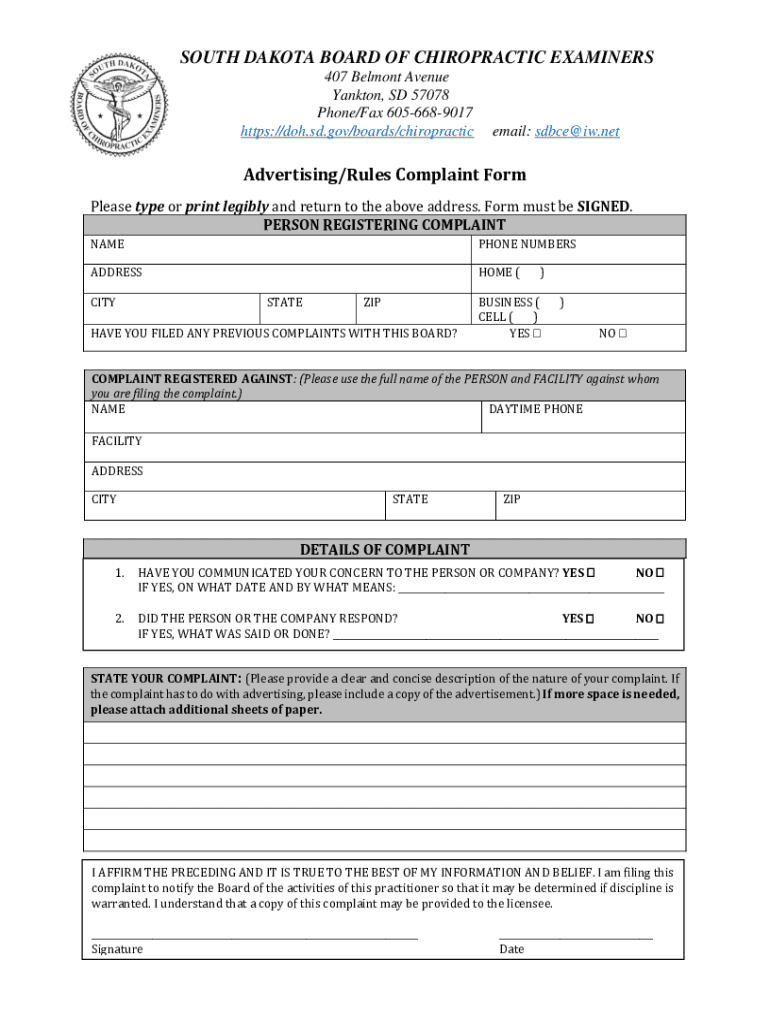 Fillable Online doh sd Advertising/Rules Complaint Form Fax Email Print ...