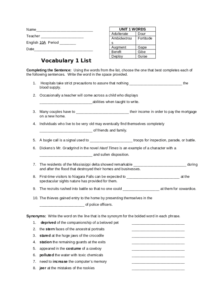 To Kill a Mockingbird: Vocabulary with Definitions LIST 1 Doc Template ...