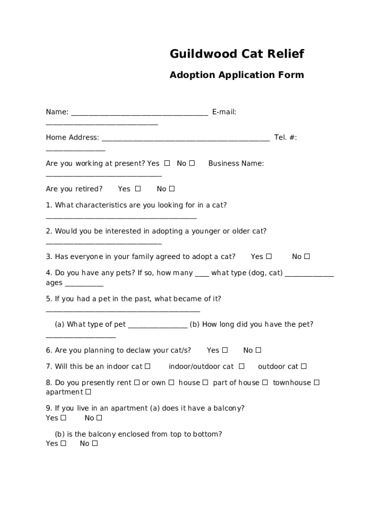Guildwood Cat Relief Adoption Application Doc Template | pdfFiller