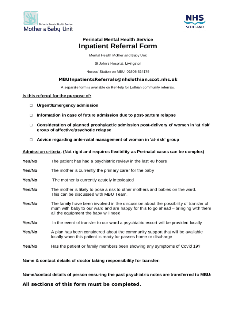 Specialist Perinatal Inpatient Referral Doc Template | pdfFiller