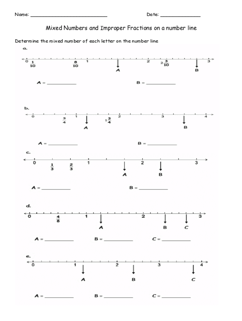 Fillable Online Mixed Numbers and Improper Fractions on a number line ...