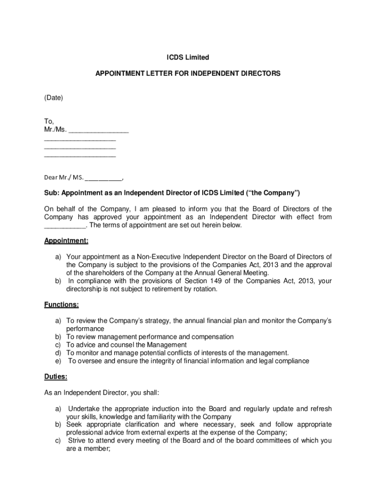 Fillable Online Dear Mr. / Ms. (), Sub : Letter of Appointment You have ...