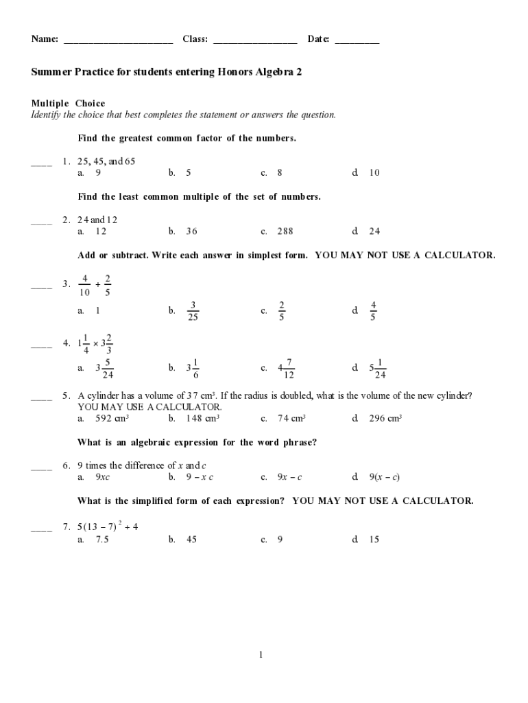 Fillable Online Honors Algebra II Summer Packet Fax Email Print - pdfFiller