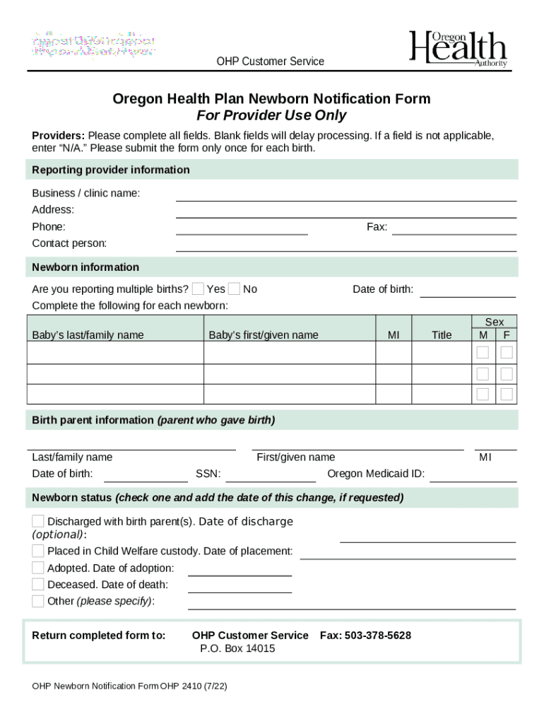 Oregon Health Plan Newborn Notification For Provider ... Doc Template ...