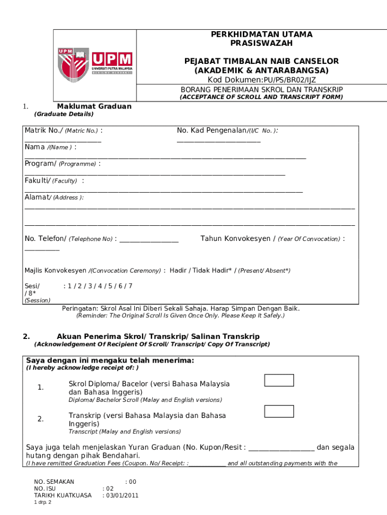 borang penerimaan skrol dan transkrip Doc Template | pdfFiller