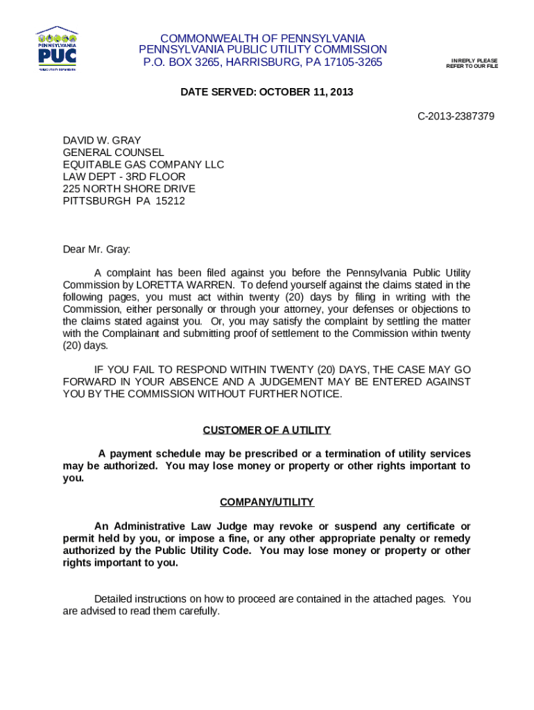 EQUITABLE GAS COMPANY LLC Doc Template | pdfFiller