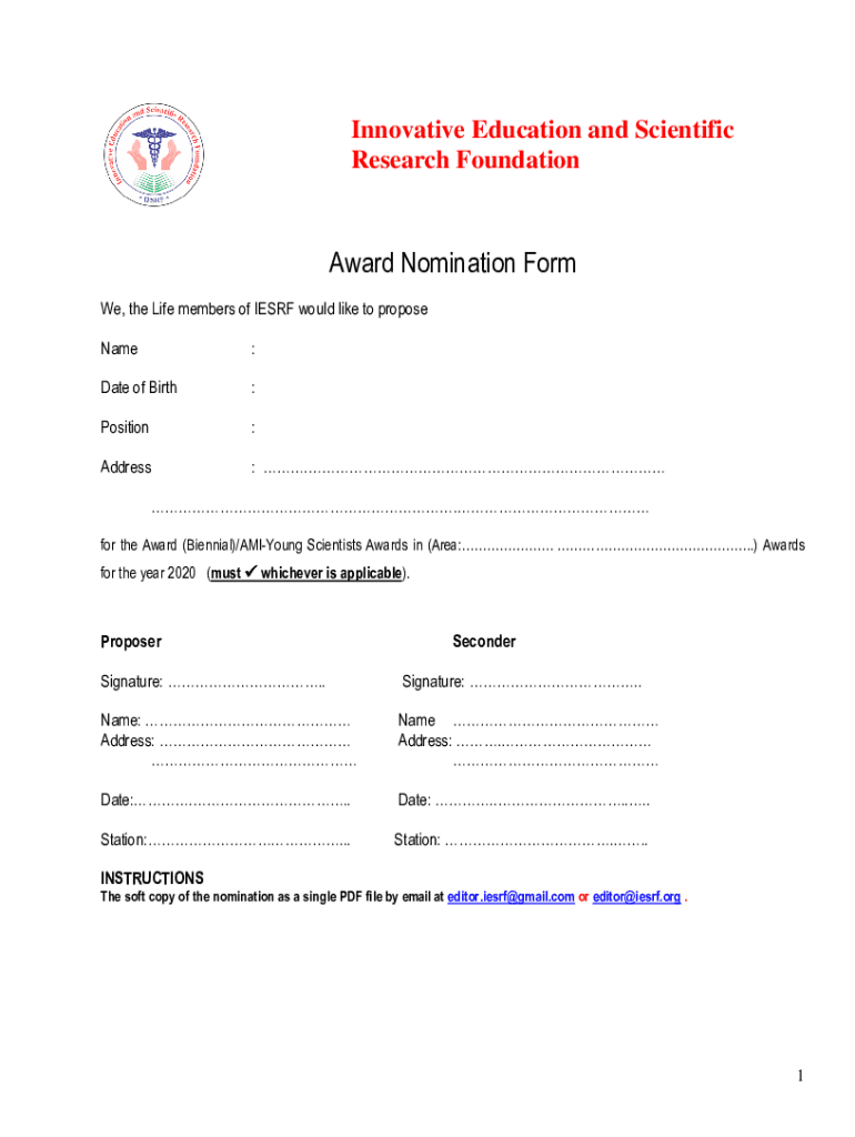 Fillable Online Award Nomination Form. Award Nomination Form Fax Email ...