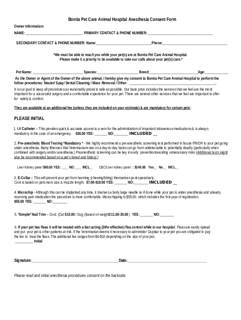 Bonita-Pet-Care-Animal-Hospital-Anesthesia-Consent- ... Doc Template | pdfFiller