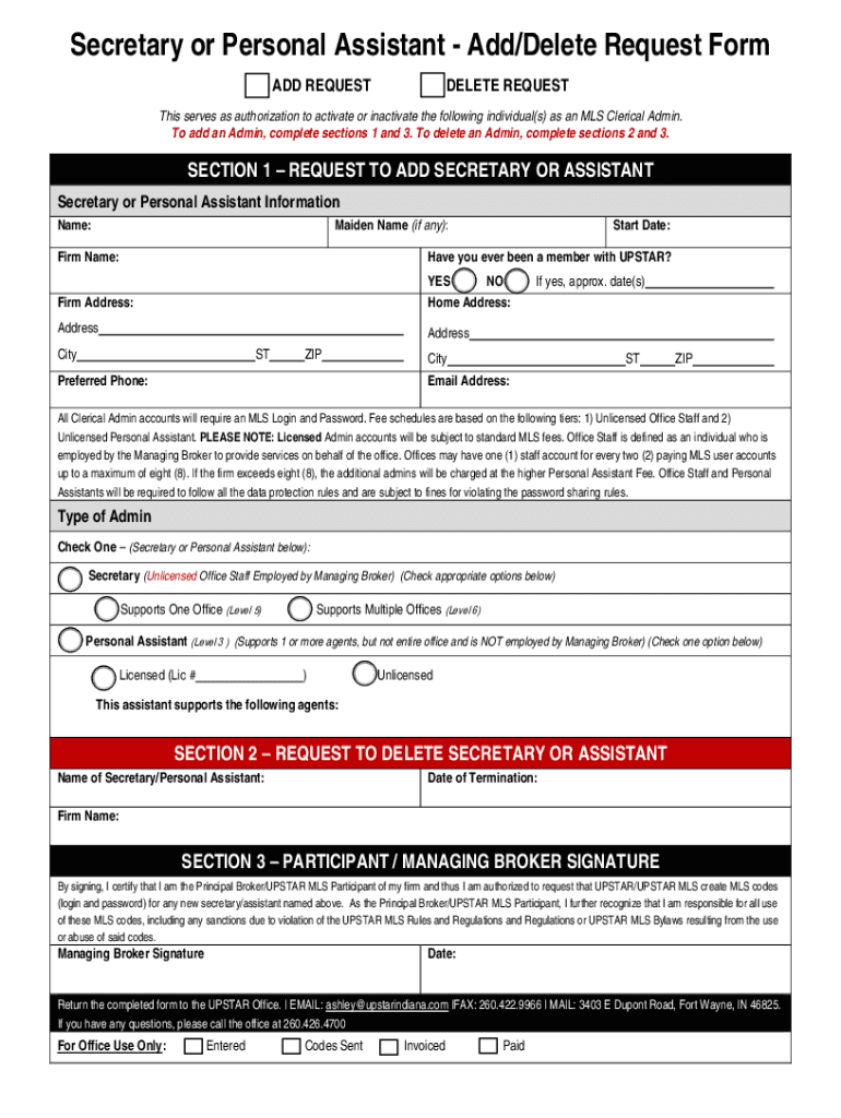 Fillable Online Secretary or Personal Assistant - Add/Delete Request ...