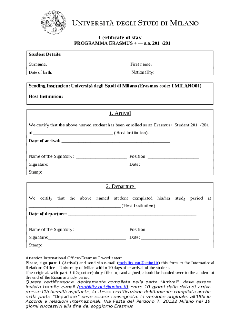 Certificate of stay Programma Erasmus + - Milano Doc Template | pdfFiller