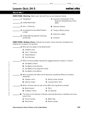 Fillable Online Lesson Quiz 7-3 World War I and Its Aftermath Flashcards Fax Email Print - pdfFiller