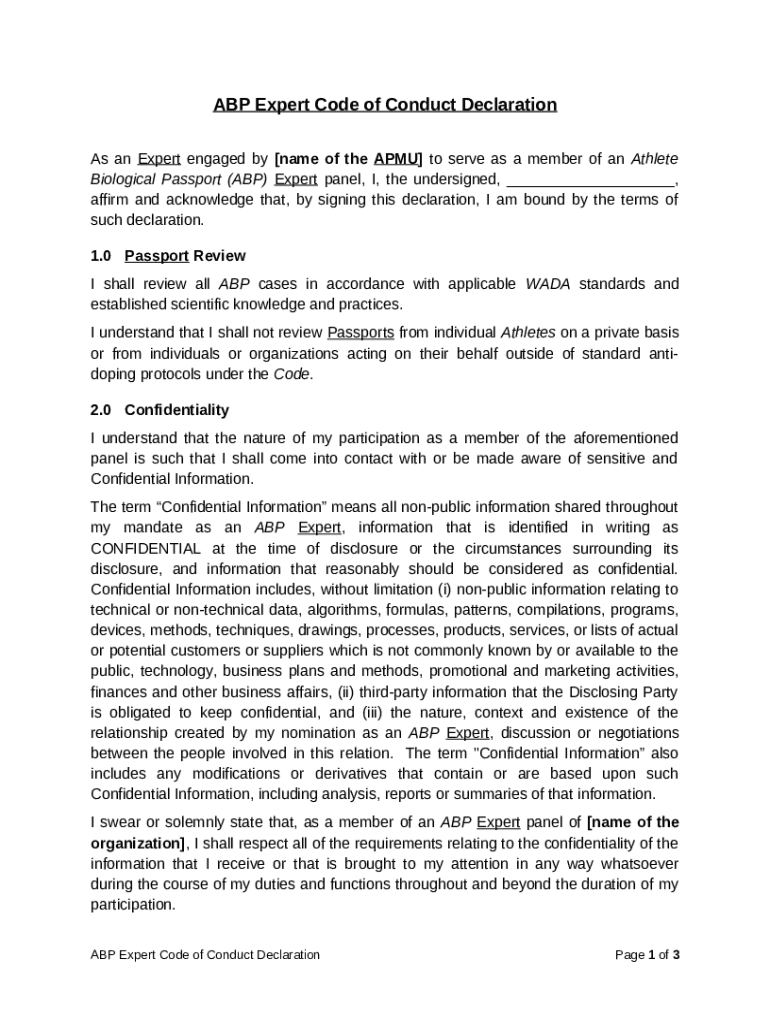 ABP Expert Code of Conduct Declaration Doc Template | pdfFiller