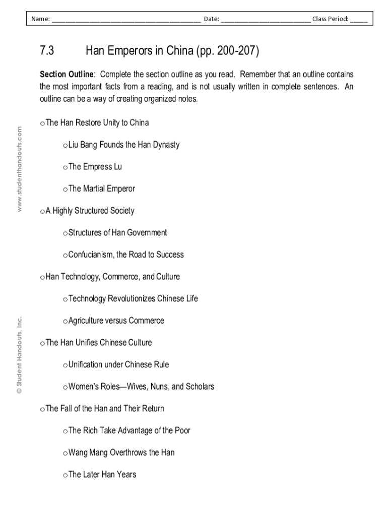 Han Emperors in China Section Outline - Blank Fillable Template | Fill ...