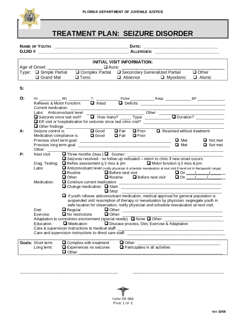 Treatment Plan - Seizure Disorder Doc Template | pdfFiller