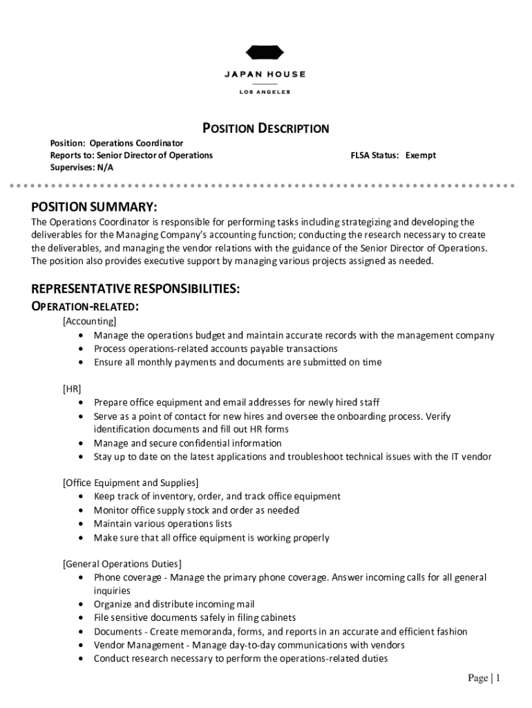 Fillable Online Operations Coordinator Job Description Template Fax ...