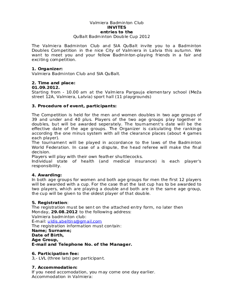Latvian Badminton Federation Doc Template | pdfFiller