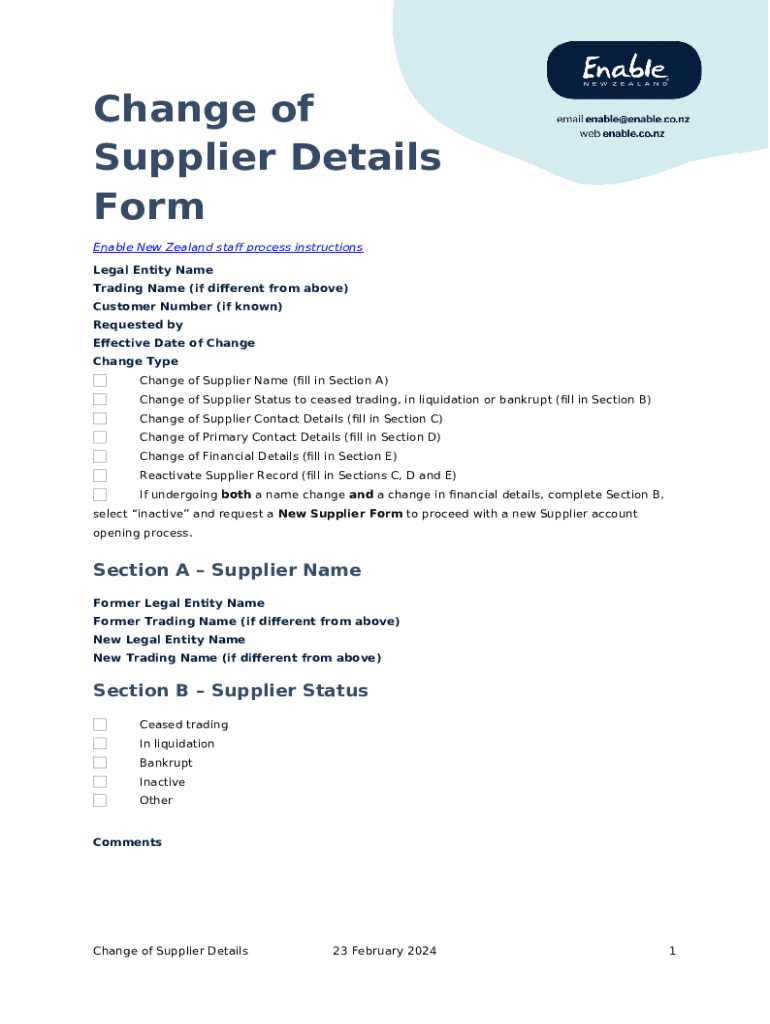 ENAE220 Enable Change of Supplier details Doc Template | pdfFiller