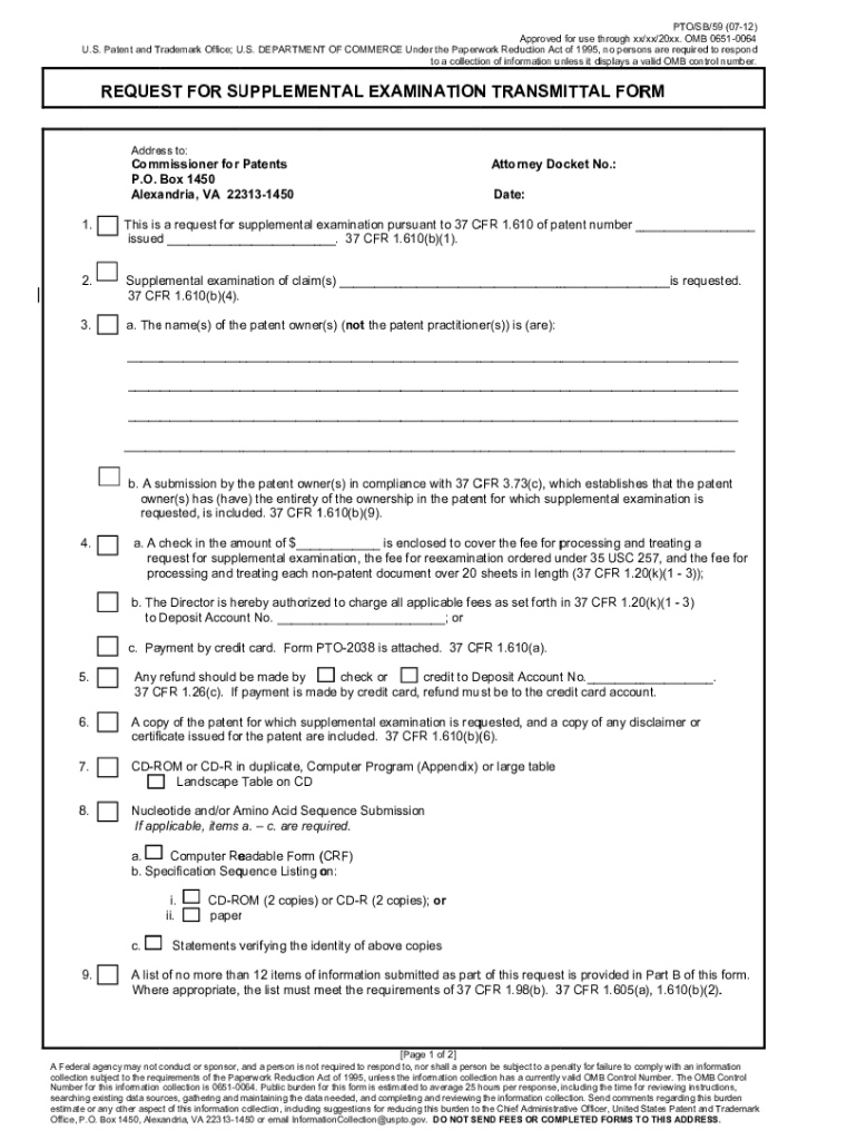 Fillable Online Form PTO SB 59 Request for Supplemental Examination ...
