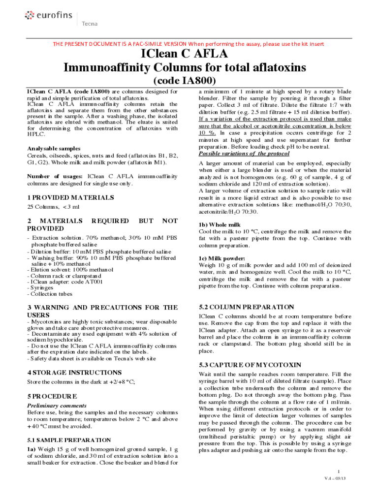 Fillable Online Aflatoxin Immunoaffinity Columns For Fluorometer or LC ...