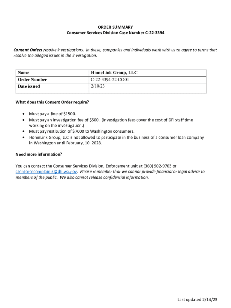 Fillable Online dfi wa HomeLink Group LLC - Consent Order - C-22-3394 ...