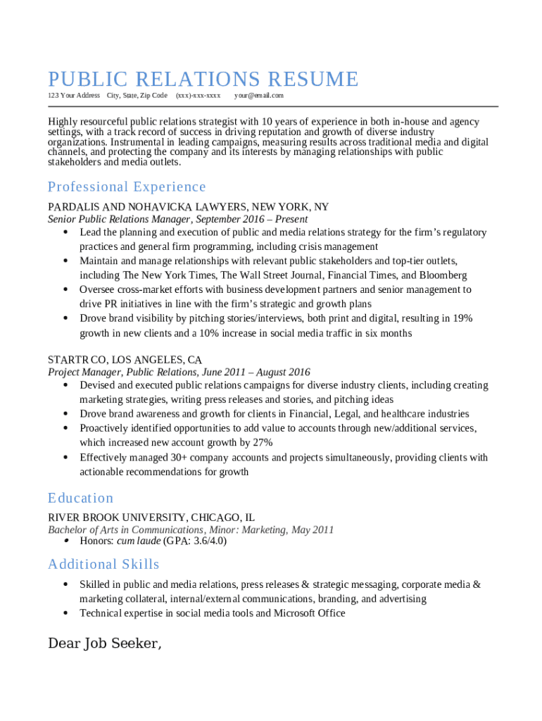 Public Relations Resume Sample & How to Write Doc Template | pdfFiller