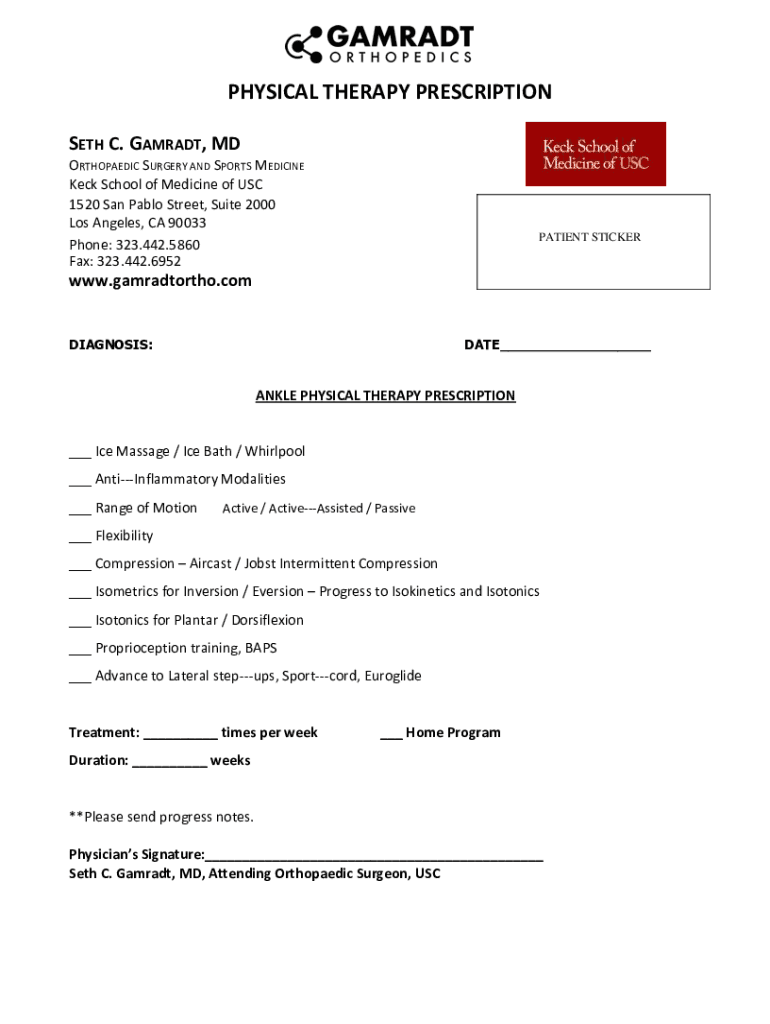Fillable Online ANKLE PHYSICAL THERAPY PRESCRIPTION Fax Email Print ...