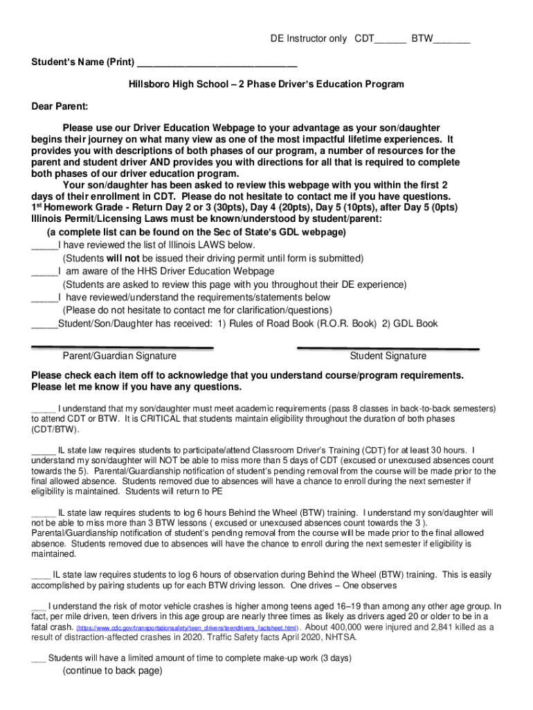 Fillable Online High School Driver Education and Training Program in ...