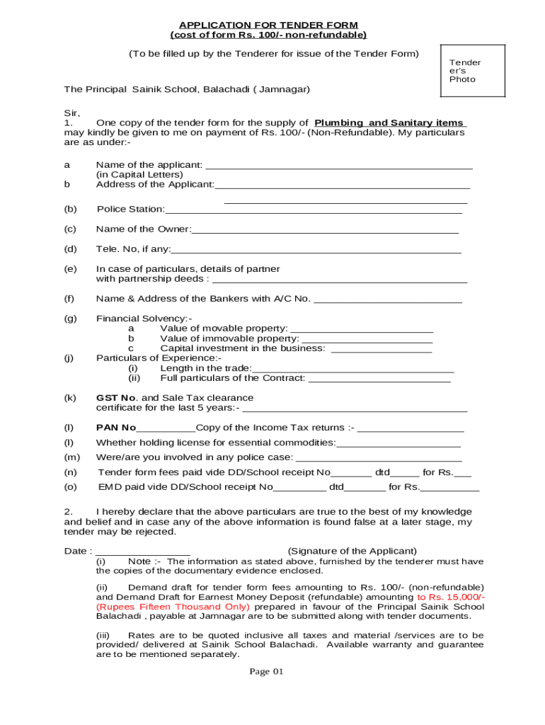 Get APPLICATION FOR TENDER - Sainik School ... Doc Template | pdfFiller