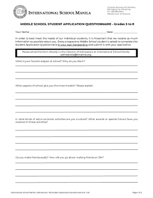 Fillable Online MIDDLE SCHOOL STUDENT APPLICATION QUESTIONNAIRE ...