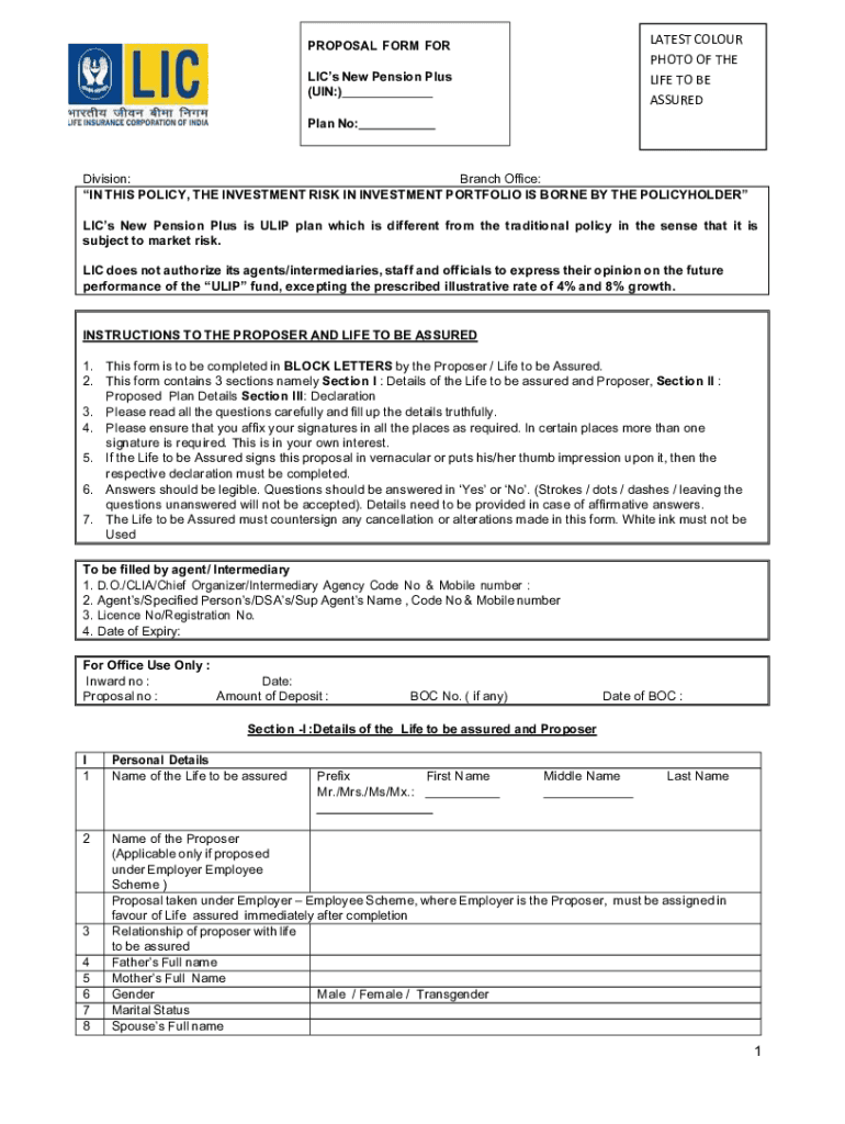 Fillable Online Proposal Form For LIC's Nivesh Plus and Lic'S SiipPDF ...
