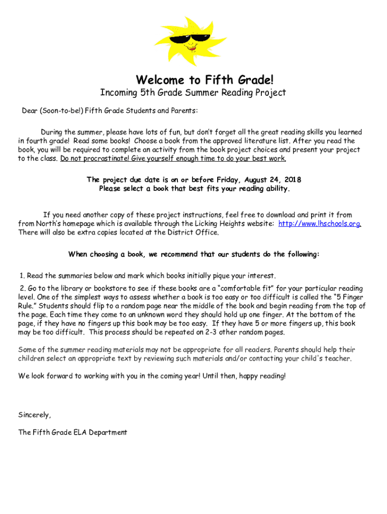 Fillable Online Dear Soon-to-Be Fifth Graders, We hope you all have a ...