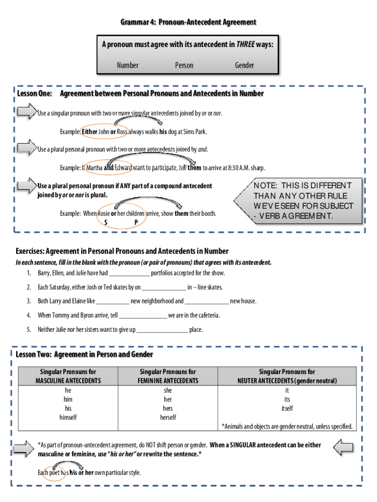 Fillable Online Grammar 4: Pronoun-Antecedent Agreement Lesson One Fax Email Print - pdfFiller
