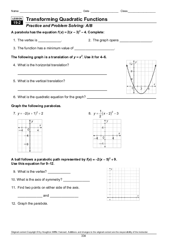 Fillable Online Transforming Quadratic Functions Fax Email Print ...