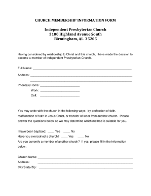 Fillable Online CHURCH MEMBERSHIP INFORMATION FORM Independent ... Fax ...